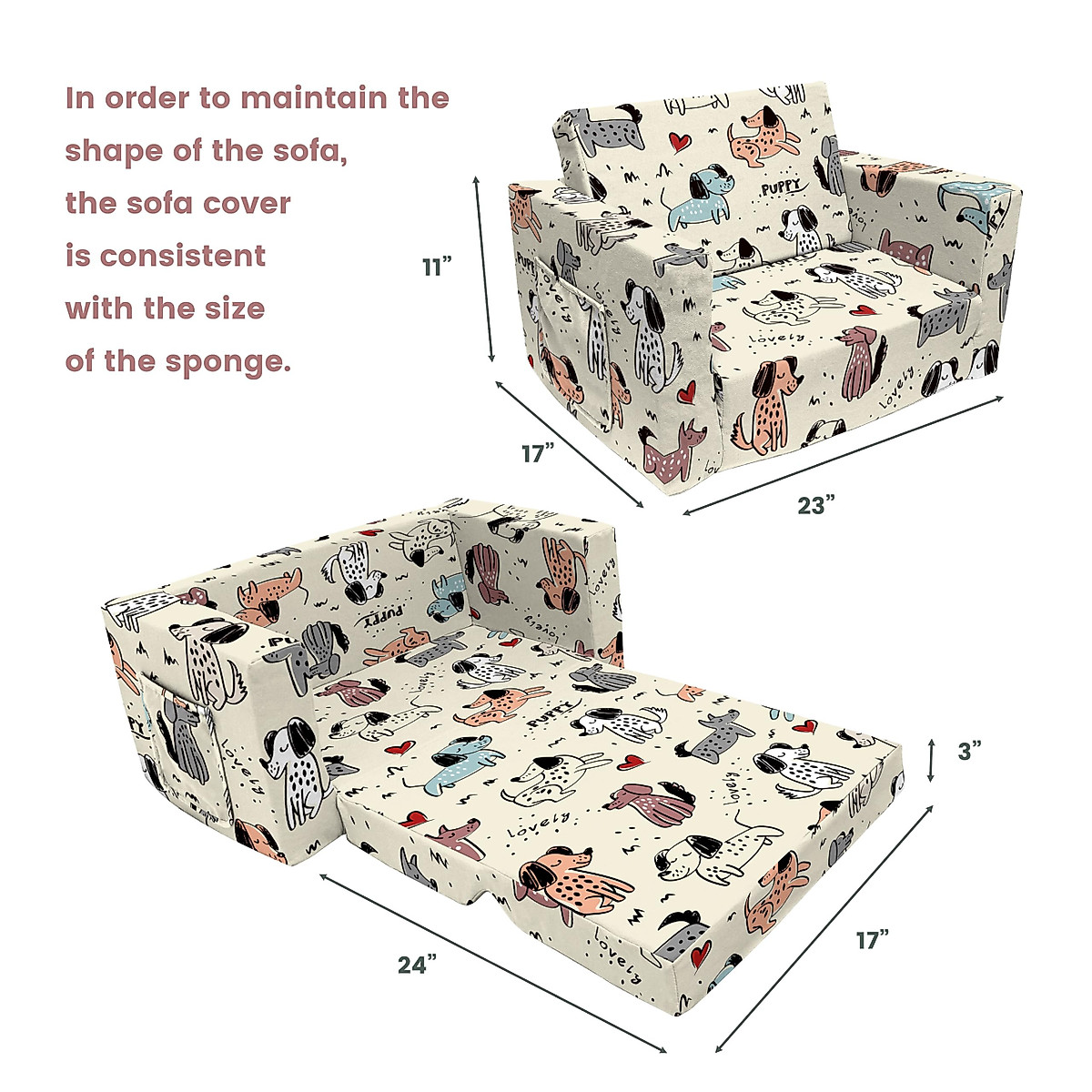 fond + found Kids Couch Sofa Bed, 2-in-1 Convertible Sofa to Lounger, Comfy Flip-Out Couch Chair Bed for Toddler Boys Girls (Beige-Dog)