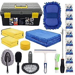 AUTODECO 25Pcs Microfibre Car Wash Cleaning Tools Set Gloves Towels Applicator Pads Sponge Car Care Kit Wheel Brush Car Cleaning Kit with Storage Box Black Grey Yellow Handle