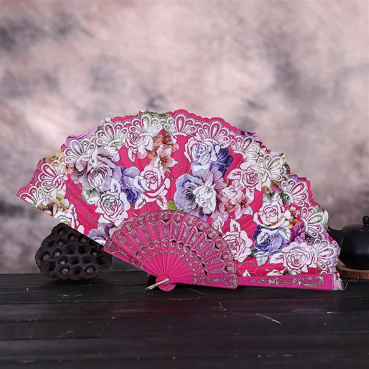 DUO ER Chinese Style Hand Held Folding Dance Fan Wedding Party Lace Folding Hand Held Flower Fan Summer Wedding Fan Party (Color : Blue)