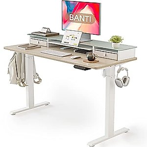 BANTI 48"x 26" Electric Standing Desk with Glass Top Monitor Stand, Adjustable Sit Stand Up Table with Double Drawer, Sit Stand Desk with Storage Shelf, Light Walnut Top
