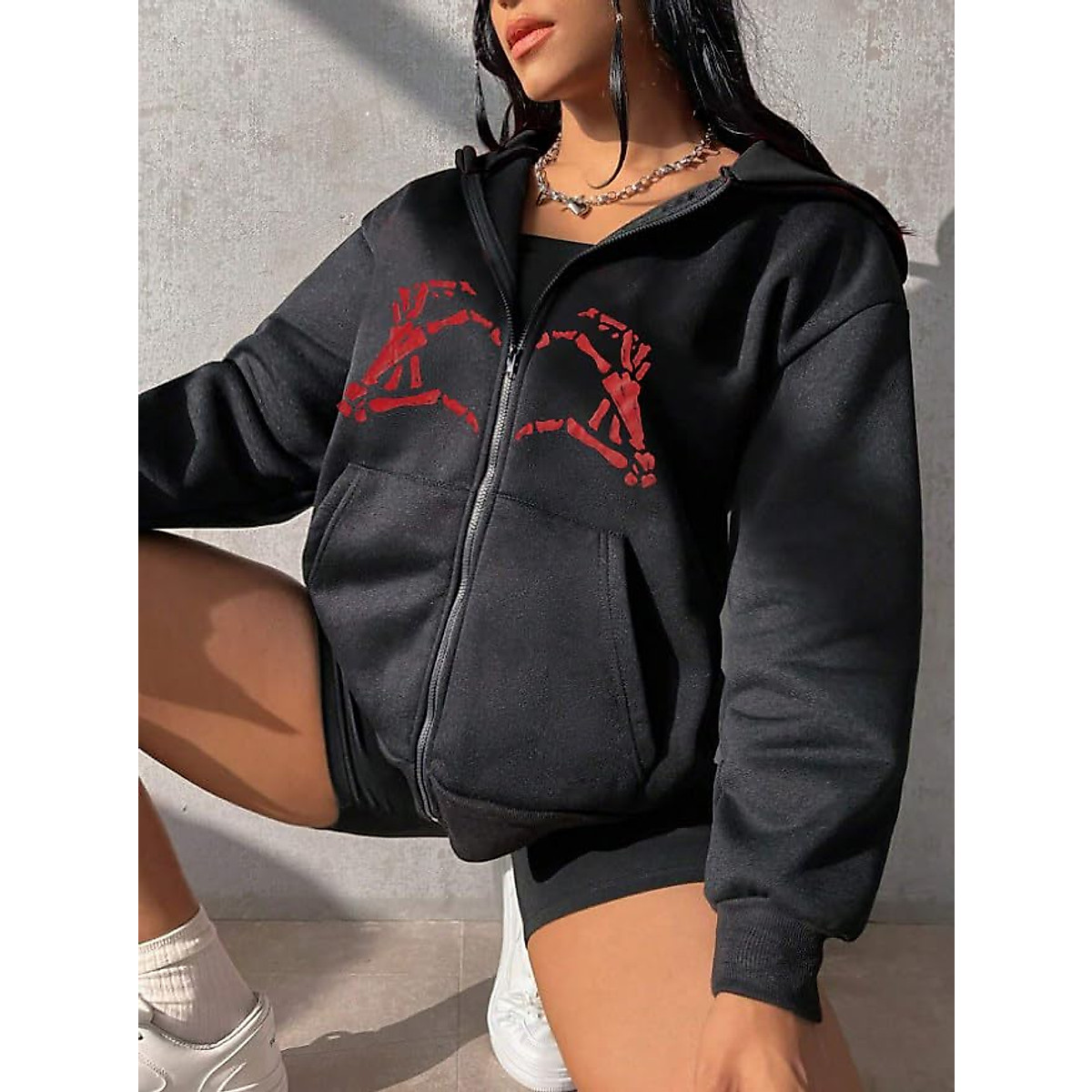 JINTING Skeleton Heart Hand Zip Up Hoodie Sweatshirt Women Vintage Jacket Halloween Oversized Top Jackets Pullover Black