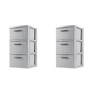 Sterilite 3 Drawer Weave Storage Tower, Plastic Decorative Drawers to Organize Clothes in Bedroom, Closet, Gray with Gray Drawers, 2-Pack