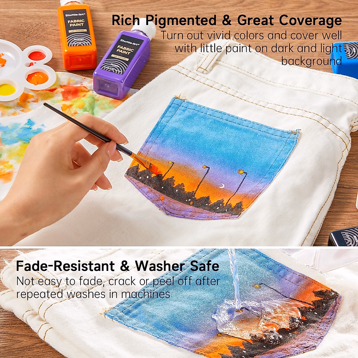 Shuttle Art 24 Colors Fabric Paint, 60ml/2oz Bottles, Permanent Soft Fabric Paint for Clothes with Brushes &Stencils, Non-Toxic Textile Paint for T-Shirts, Shoes, Jeans, Bags, DIY Projects & Crafts