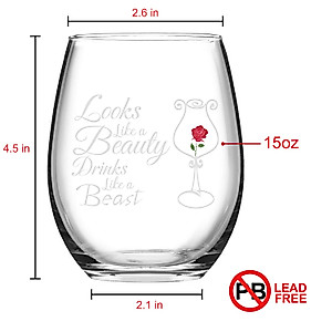 Looks Like a Beauty Drinks Like a Beast Stemless Wine Glass, Funny Wine Glass for Birthday Graduation Galentine's Day Christmas, Wine Glass for Women Girls Sister Her 15 Oz