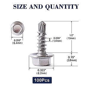 #8 x 1/2" Sheet Metal Screws 100PCS 410 Stainless Steel Hex Washer Head Fast Self Tapping Screws by SG TZH
