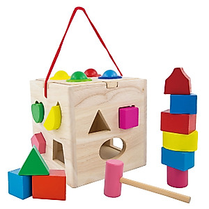 Evmark Toys & Games Wooden Shapes and Activity Cube - Simple Shapes for Toddlers and Preschoolers Montessori Learning