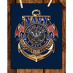United States Navy-Gold Anchor Crest- 8 x 10"- Naval Wall Art Prints- Ready To Frame-"The Sea is Ours" -Replica Poster Prints. Home-Office-Military Decor. Beautiful Crest-Emblem to Show Navy Pride!