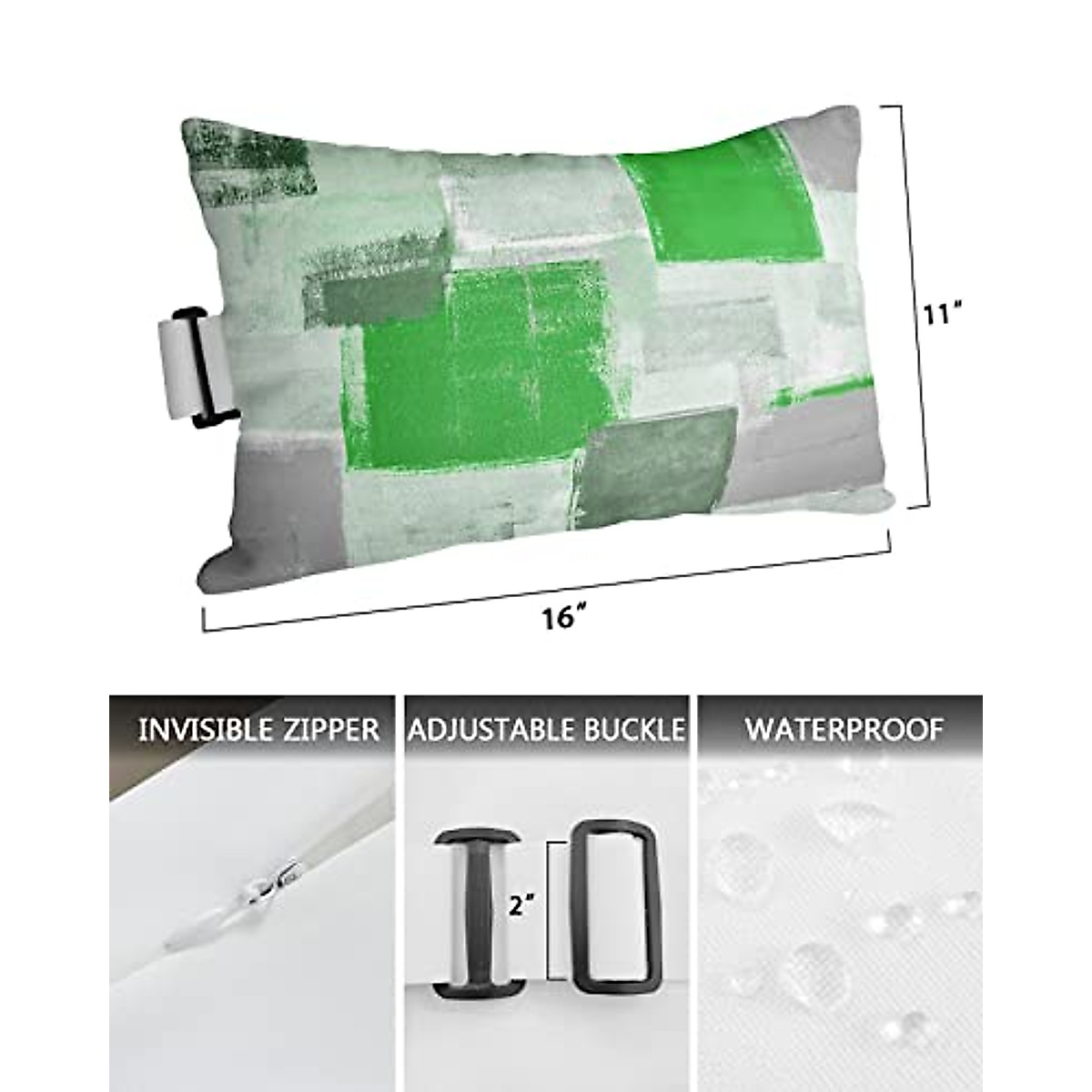 Recliner Head Pillow Ledge Loungers Chair Pillows with Insert Green and Grey Abstract Geometric Lumbar Pillow with Adjustable Strap Outdoor Waterproof Patio Pillows for Beach Pool Chair, 2 PCS