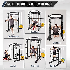 MAJOR LUTIE Fitness Power Cage, PLM03 All-In-One 1400 lbs Multi-Function Power Rack with Adjustable Cable Crossover System and More Exercise Machine Attachments(Black)