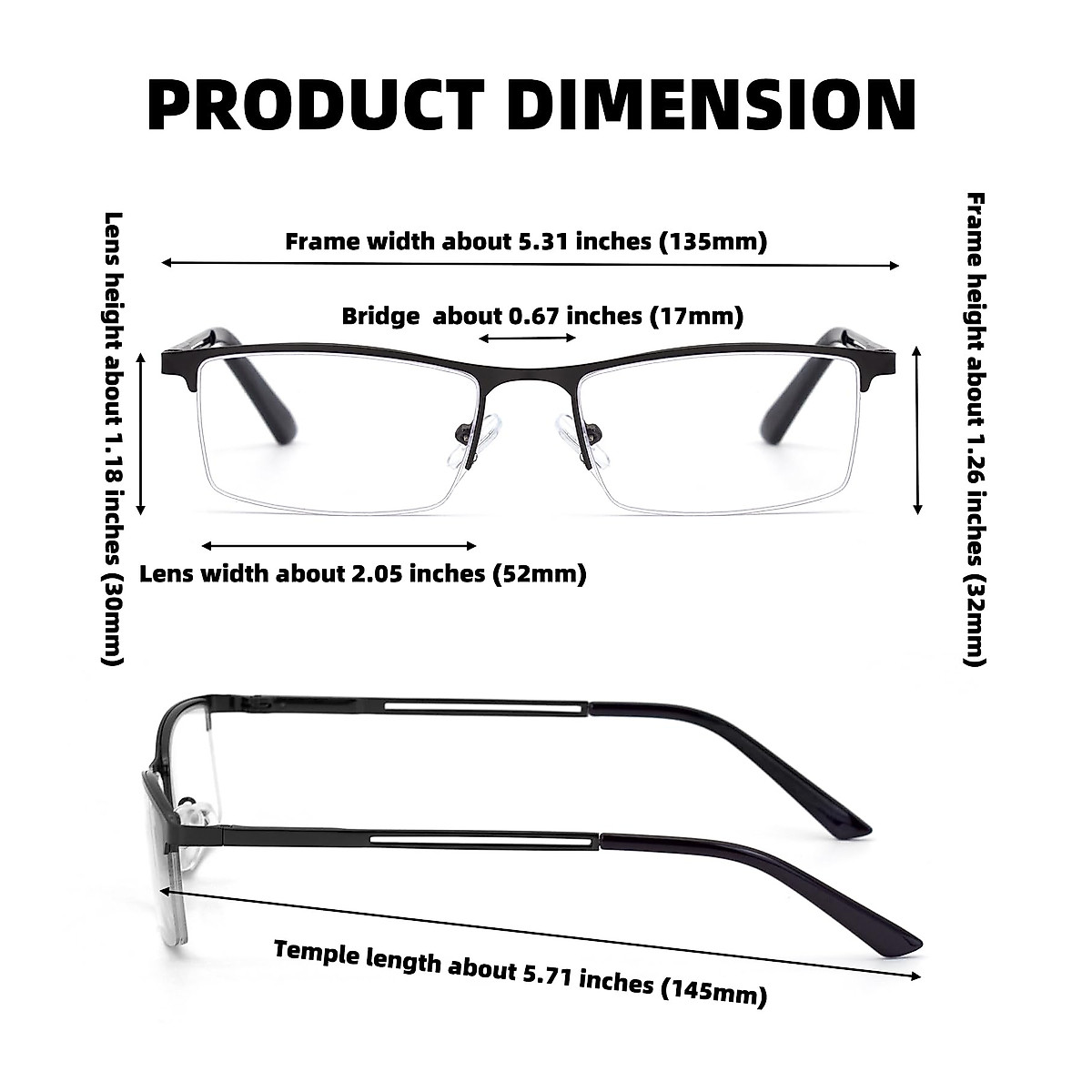 HIGHLIKE 5-Pack Blue Light Reading Glasses for Men, Metal Half Frame Readers Spring Hinge Clear Lens Eyeglasses with Pouches, Semi Rimless 3 Black 2 Gunmetal 3.5 x