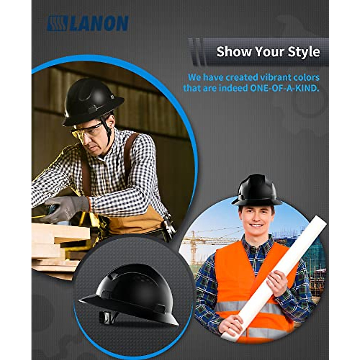 LANON Black Full Brim Hard Hat, OSHA Construction Work Approved, HDPE Safety Helmet with 4 Point Adjustable Ratchet Suspension, Class E, G & C