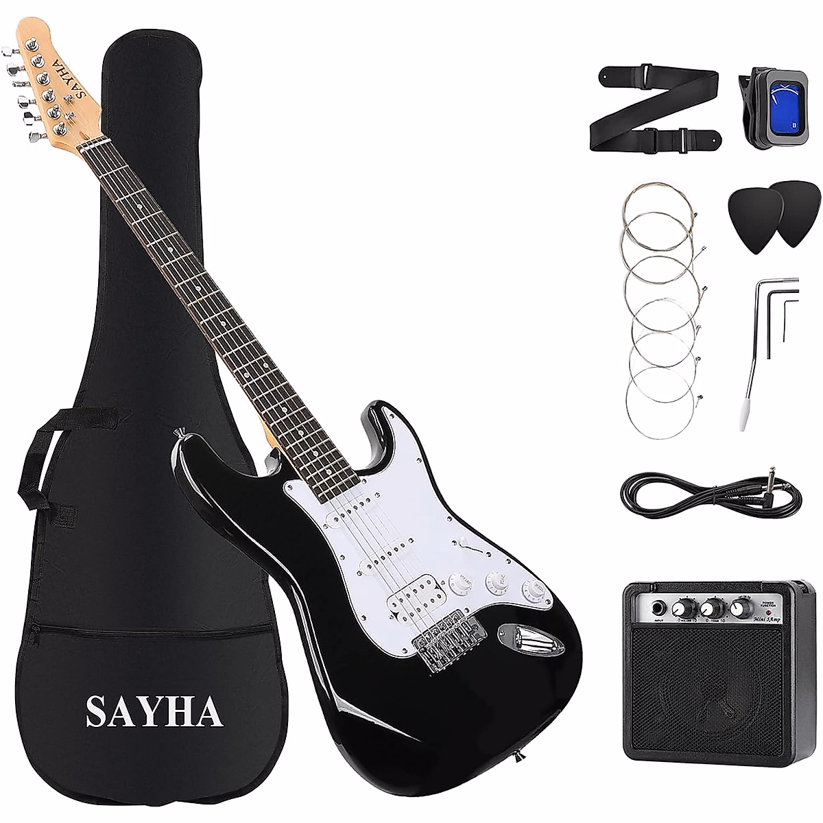 SAYHA Electric Guitar, 39 Inch Solid Full-size Electric Guitar HSS Pickups Starter Kit Includes Amplifier, Bag, Digital Tuner, Strap, String, Cable, Picks（Black）