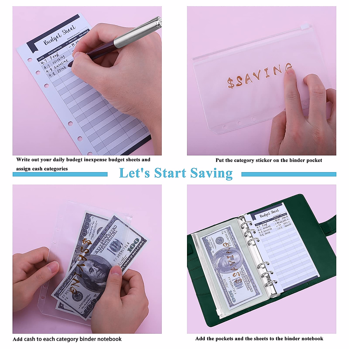 Antner A6 Budget Binder with Cash Envelopes, 8PCS Binder Pockets, 12PCS Expense Budget Sheets, A6 6-Ring Money Saving Binder Planner Organizer with Letter Stickers for Cash Budgeting, Dark Green