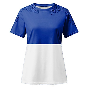DASAYO Summer Shirts for Women Lace Stitching Short Sleeve Color Block Fashion Casual Tees Shirt Cute Going Out Blouses Tops