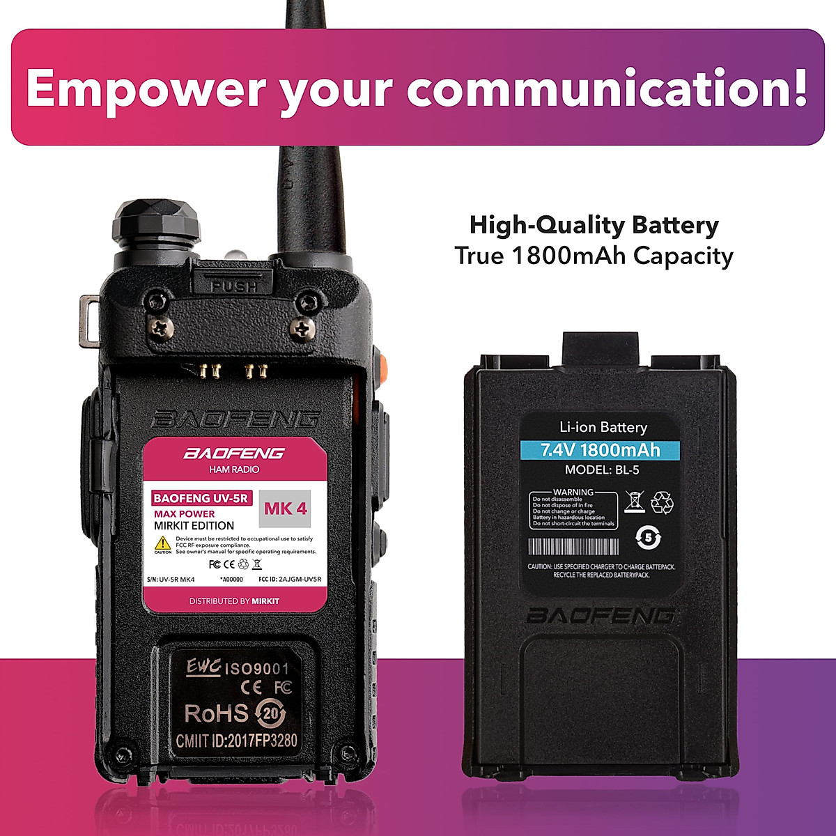 Mirkit Baofeng UV-5R MK4 8W Max Power 2024 Two Way Radio VHF/UHF 144-148/420-450 mhz Ham Radio with 1800 mAh Baofeng Battery, Mirkit Software & Lanyard for Walkie Talkie