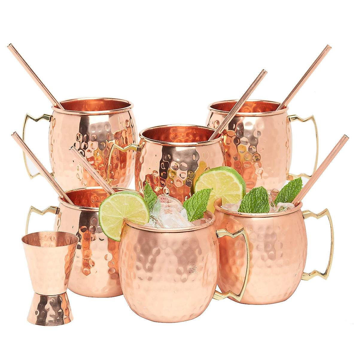 Kitchen Science [Gift Set] Moscow Mule Copper Mugs Set of 6 (16oz) w/Straws & Jigger | 100% Pure Copper Cups, Tarnish-Resistant Food Grade Lacquered Finish, Ergonomic Handle (No Rivet) w/Solid Grip