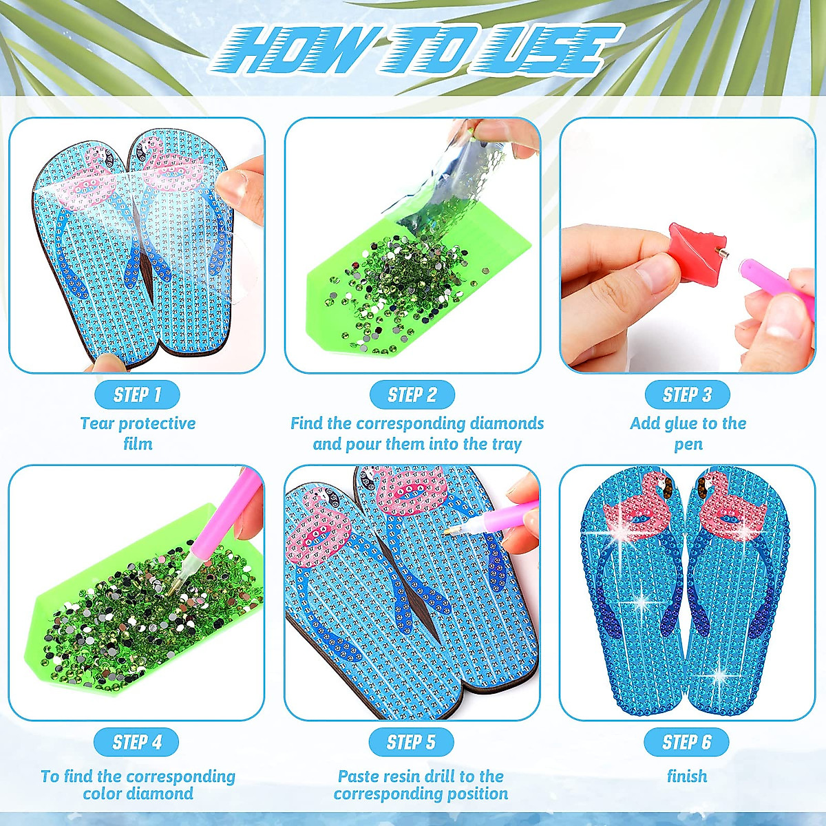 Shellwei 8 Pcs Flip Flop Diamond Art Coasters Summer Diamond Painting Coasters with Holder Hawaii Diamond Coasters Tropical Beach Diamond Coasters for Crafts Beginner Adults Kids Party Gift