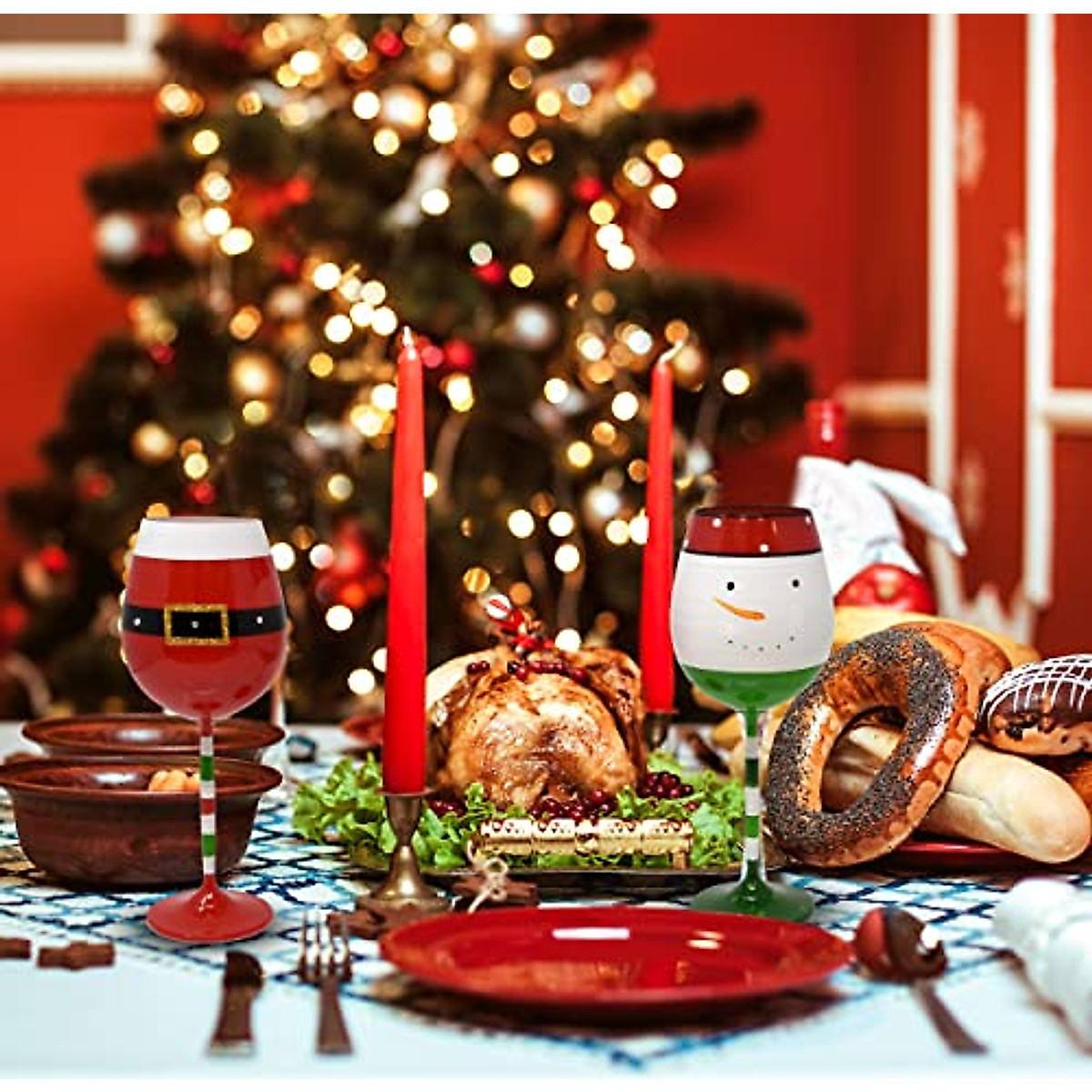 Gift Boutique Christmas Wine Glasses 16.8 Oz Set of 2 Festive Santa Belt and Snowman Drinking Goblets Cups with Stem Xmas Wineglass Gift Red Green and White Colored Painted Winter Glassware