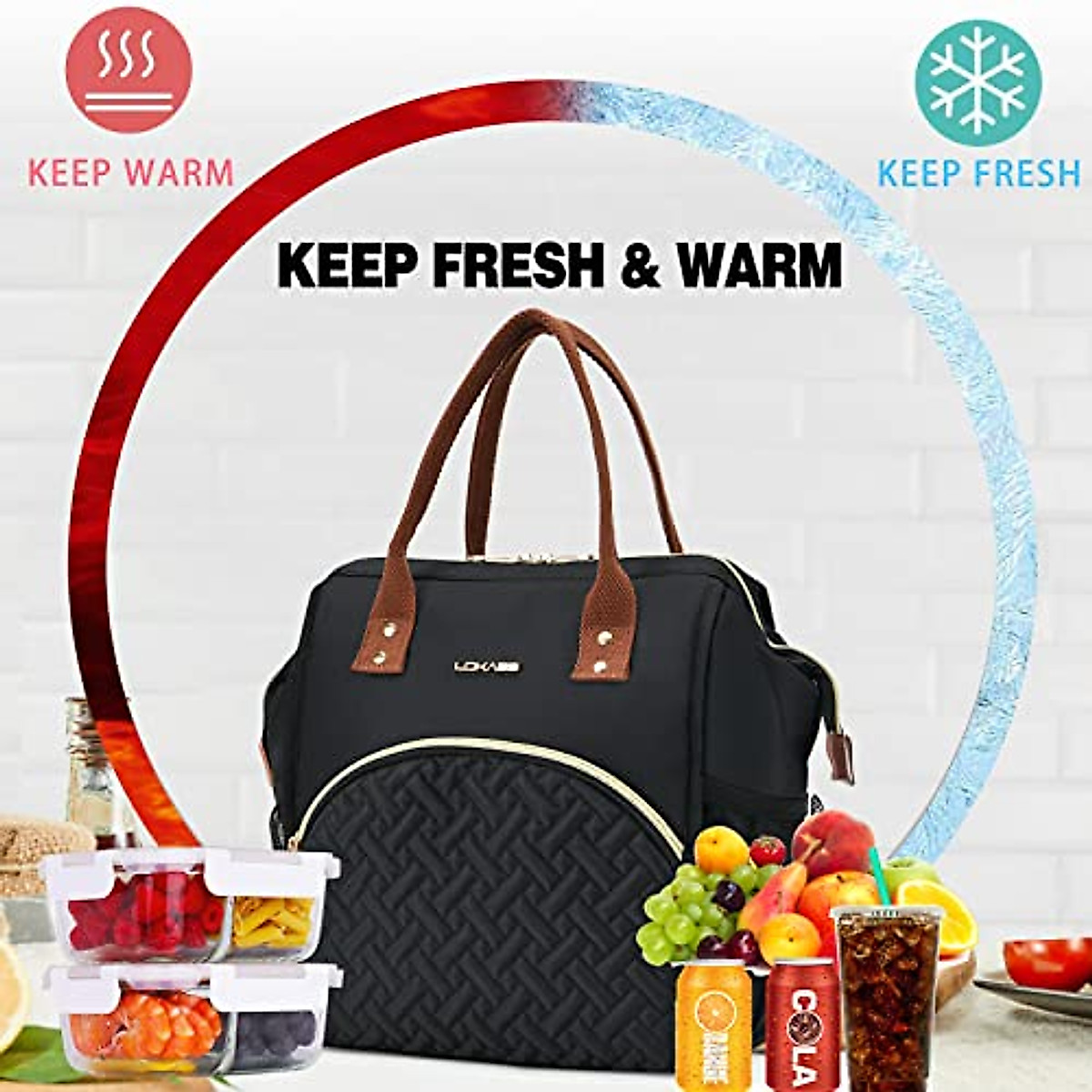 Lunch Bag Women, Reusable Insulated Lunch Box Large Wide-Open Water Resistant Adult Cooler Tote Bag for Work, Travel, Picnic – Black (Printed, Black)