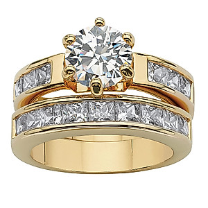 PalmBeach Yellow Gold-Plated Round Cubic Zirconia Channel Set Bridal Ring Set Sizes 5-10 Size 7