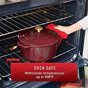 T-fal Cast Iron Enameled Dutch Oven 6 Quart Induction Oven Broiler Safe 500F Pots and Pans, Cookware Red