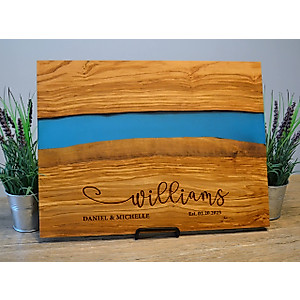 Personalized Cutting Board Wedding Gift Olivewood Blue River Epoxy Live Edge Display Custom Engraved Charcuterie Unique Beautiful Anniversary Newlywed Couple Parents Housewarming (Wedding Anniversary)