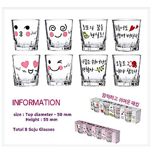 SOJU glass Soju shot glass 소주 소주잔 Korean Soju Alcohol glasses Glassware Cute icon Character + Hangul Wise saying 8 PCS