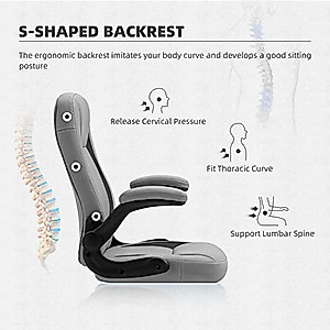 SEATZONE High Back Computer Office Desk Chair with Flip up Arms and Wheels Leather Swivel Comfy Modern Chair for Teens Adults, Gray