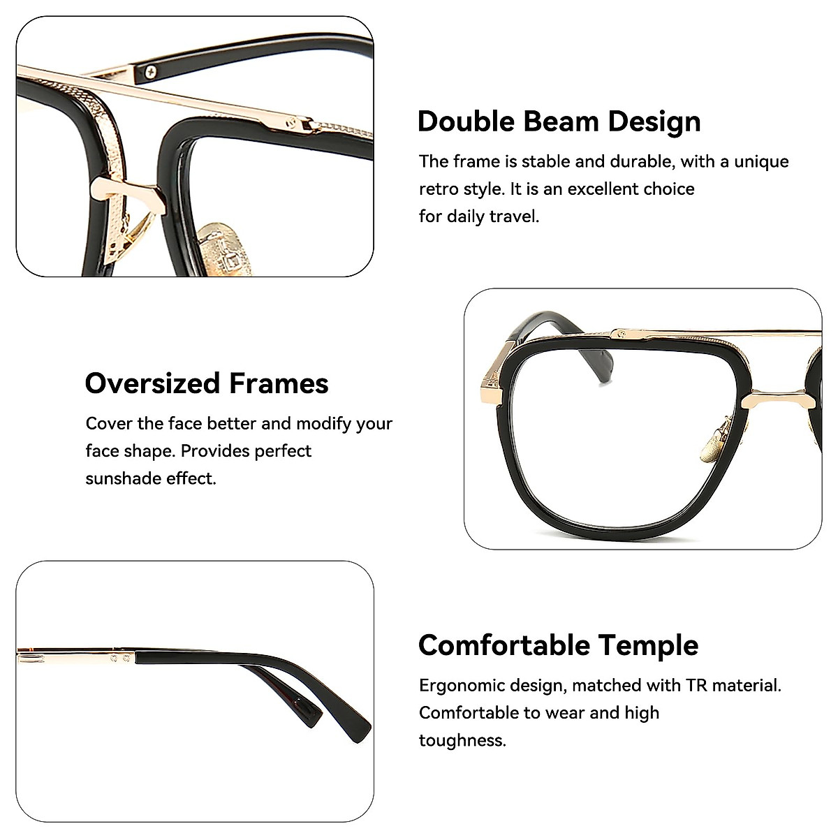 Dollger Oversized Square Aviator Glasses for Men Pilot Gold Frame Retro Glasses