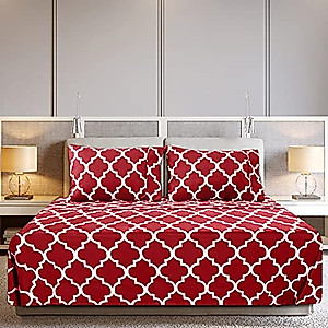Utopia Bedding King Sheet Set, Soft Microfiber 4 Piece Bed Sheets with 16" Deep Pocket - Easy Care Brushed Microfiber (Quatrefoil - Burgundy)
