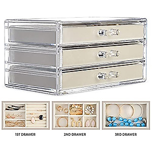 Acrylic Jewelry Organizer Box by Tranquil Abode | Clear Jewelry Box Organizer | 3 Tall Drawers, Velvet Trays | Stackable Display Case Jewelry Storage for Women | Jewelry Organizer Earring Ring Necklace