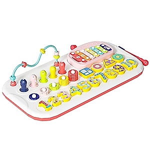 Educational Toys Learning Montessori for Kids,7 in 1 Puzzles Number Shape Sorter Counting Stacker with Number Blocks,Xylophone, Fishing Game for Toddler, Gift for3 4 5 6Year Old Boys Girls（Red）
