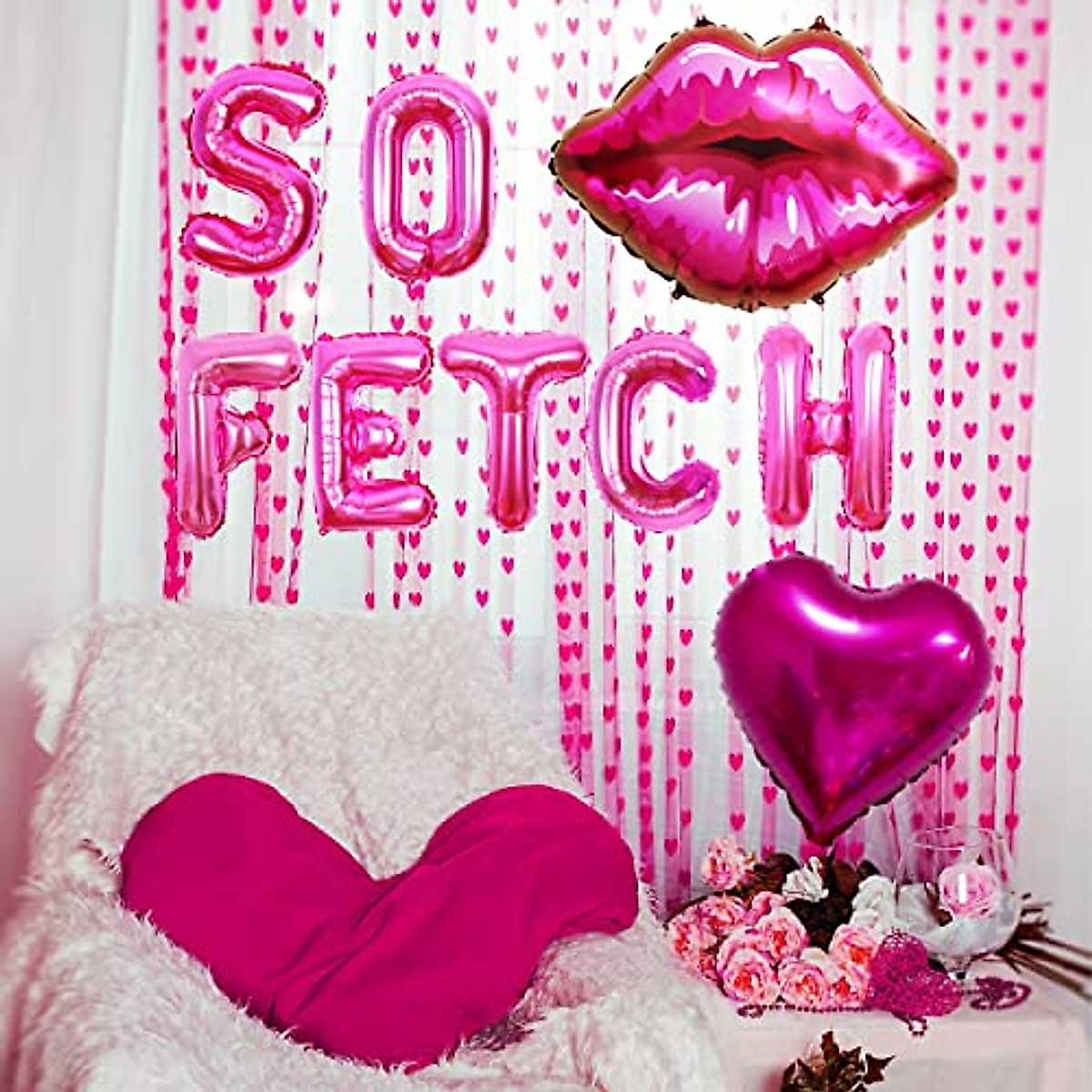 So Fetch Party Decorations - Balloons Garland Arch Kit with Hot Pink Lip Balloon, Heart Foil Balloon, Tinsel Curtain, Girls Birthday Bachelorette Party Supplies