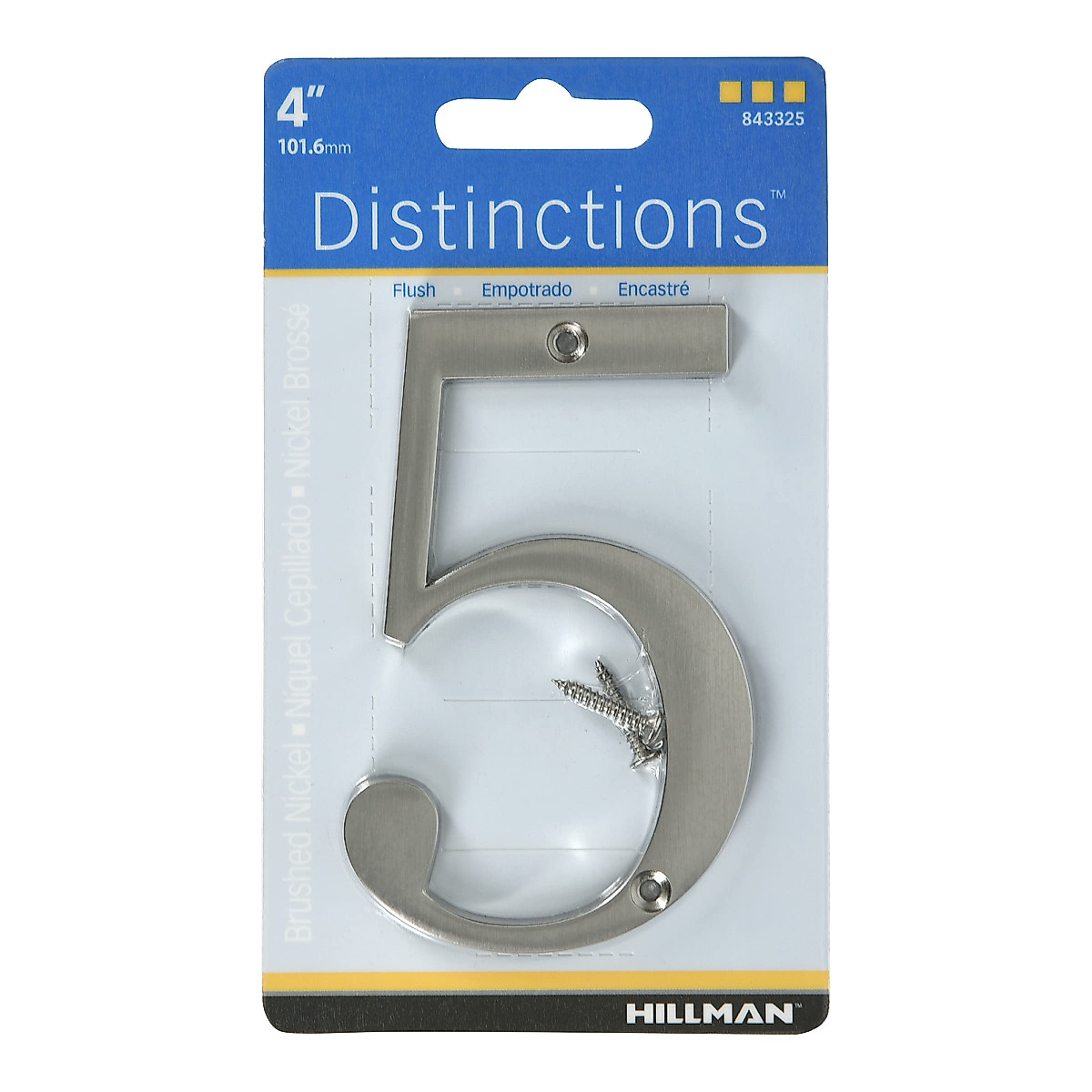 Distinctions by Hillman 843325 4-Inch Brushed Nickel Flush-Mount House Number 5, 1 Count (Pack of 1)