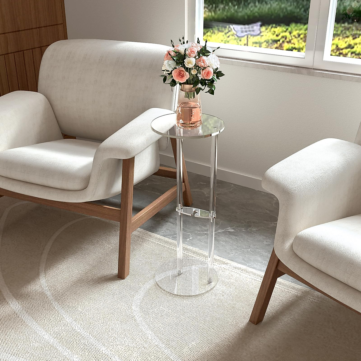 Aquiver Clear Small Acrylic Drink Table - Minimalist Martini Table with Goblet Holder - Small Round Side Table for Living Room, Bedroom, Balcony - 9'' L x 9'' W x 23'' H