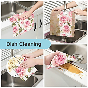 SUABO Pink Rose Flower Floral Kitchen Dishcloths, 6 Pack Dish Towels Quick Drying Tea Towels Absorbent Cleaning Towels Tableware Towel for Kitchen Bathroom