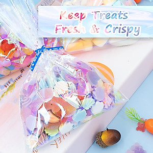 Cellophane Bags,100 Pcs 5x7 Inch Cellophane Treat Bags, Iridescent Holographic Candy Bags, Clear Goodie Bags with Colorful Twist Ties for Birthday Party Favors, Halloween,Christmas, Weddings, Baby Showers