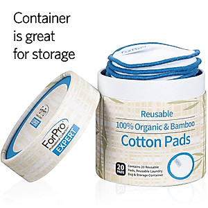 ForPro Professional Collection Expert Reusable Cotton Rounds (20 Pack), 100% Organic and Bamboo Makeup Remover Pads, Includes Drawstring Laundry Bag and Storage Container