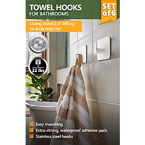 4smile Towel Hooks for bathrooms, Set of 6 - White Adhesive Hooks, Durable Adhesive Wall Hooks - Strong Adhesive Towel Hooks, Stick on Hooks