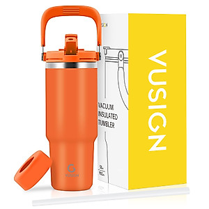VUSIGN 30 oz Tumbler with Handle and Flip Straw, Stainless Steel Vacuum Insulated Water Bottle Travel Mug Thermal Cup for Home, Office, Car, Outdoors, Sports, Orange