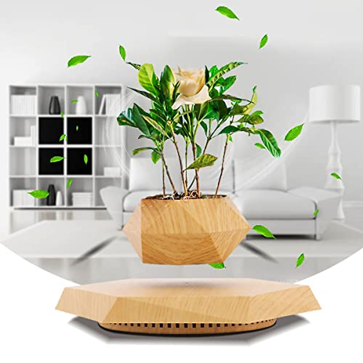 HCNT Levitating Plant Pot, Magnetic Levitation Flower Pot Rotating Planters Suspension Floating Plant Succulents Potted for Home Living Room Office Desk Decoration (Wood)