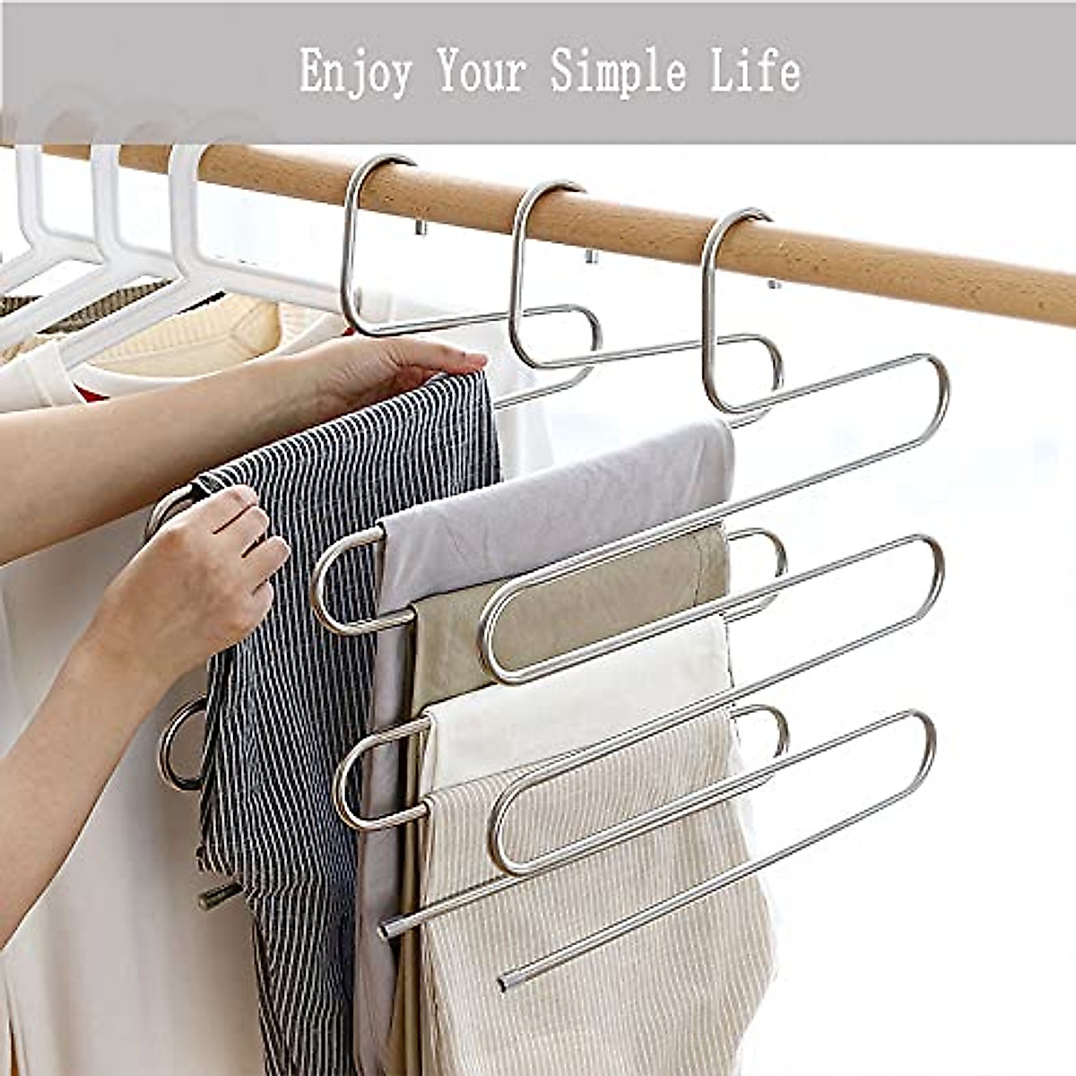 Pants Hangers，5 Layers S-Type Stainless Steel Clothes Pants Hangers, Non Slip Space Saving for Pants Jeans Towels Scarf Tie(3-Pack)