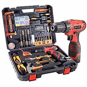 108 Piece Power Tool Combo Kits with 16.8V Cordless Drill, Household Tools Set with DIY Hand Tool Kits for Professional Garden Office Home Repair Maintain-Black/Red