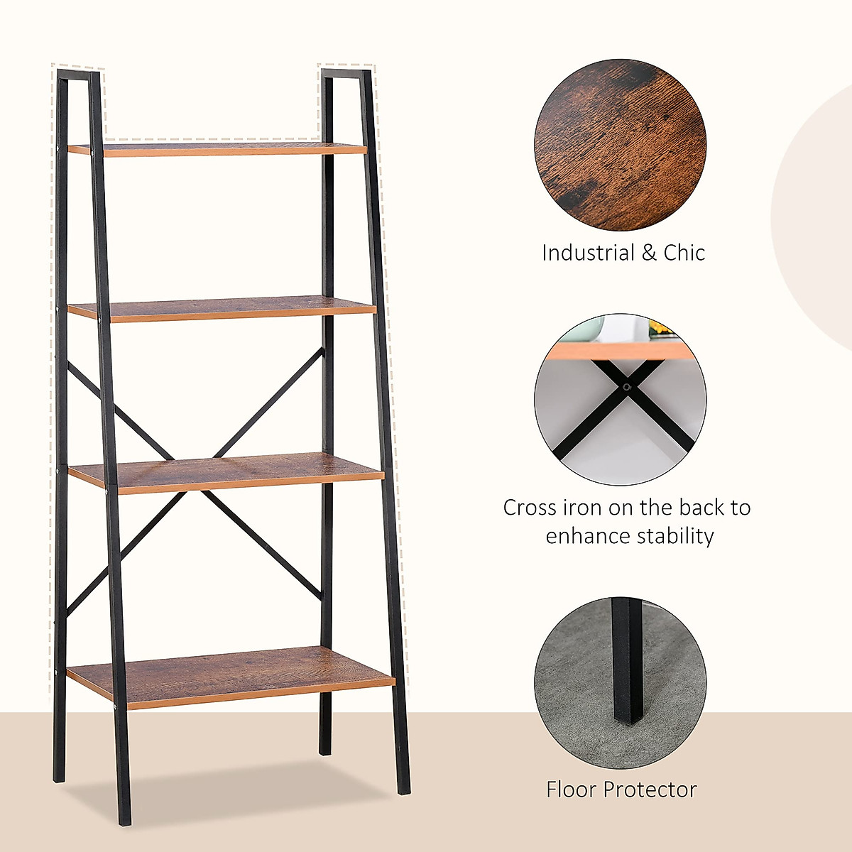 HOMCOM Industrial 4 Tier Ladder Shelf Bookshelf Vintage Storage Rack Plant Stand with Wood Metal Frame for Living Room Bathroom, Distressed Brown
