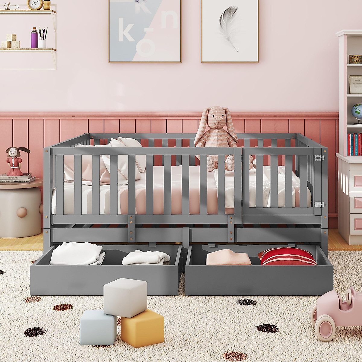 Harper & Bright Designs Kids Full Size Bed with Storage Drawers and Rails Fence, Wood Daybed Frame Montessori Bed for Girls Boys, Can Split into Independent Floor Bed & Daybed, Gray