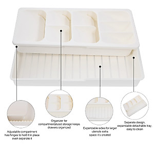 Faridabio Kitchen Drawer Organizer Tray,Expandable Cutlery Silverware Organizer Storage Tray for Kitchen Drawer Flatware Spoons Forks,Creamy White