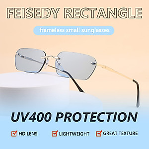 FEISEDY Rimless Sunglasses Y2K Sunglasses Retro Small Narrow Clear Eyewear Vintage Rectangle Sunglasses for Women Men B2643