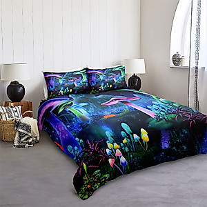 Mushroom Bedding Trippy Mushroom Duvet Cover Set Galaxy Sky Green Purple Mushroom Design Magic Cartoon Bedding Sets King 1 Duvet Cover 2 Pillowcases (King, Mushroom)