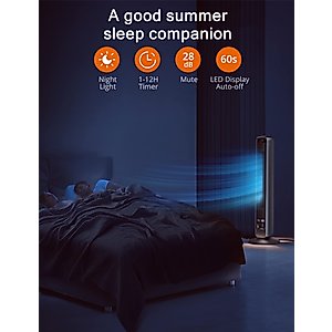 Delvit Tower Fan，90° Oscillating Fan with 12 Speeds, 4 Modes, Night Light, 12H Timer, LED Display，28db Quiet Portable Bladeless Fan Remote control for Bedroom, Living Room & Office