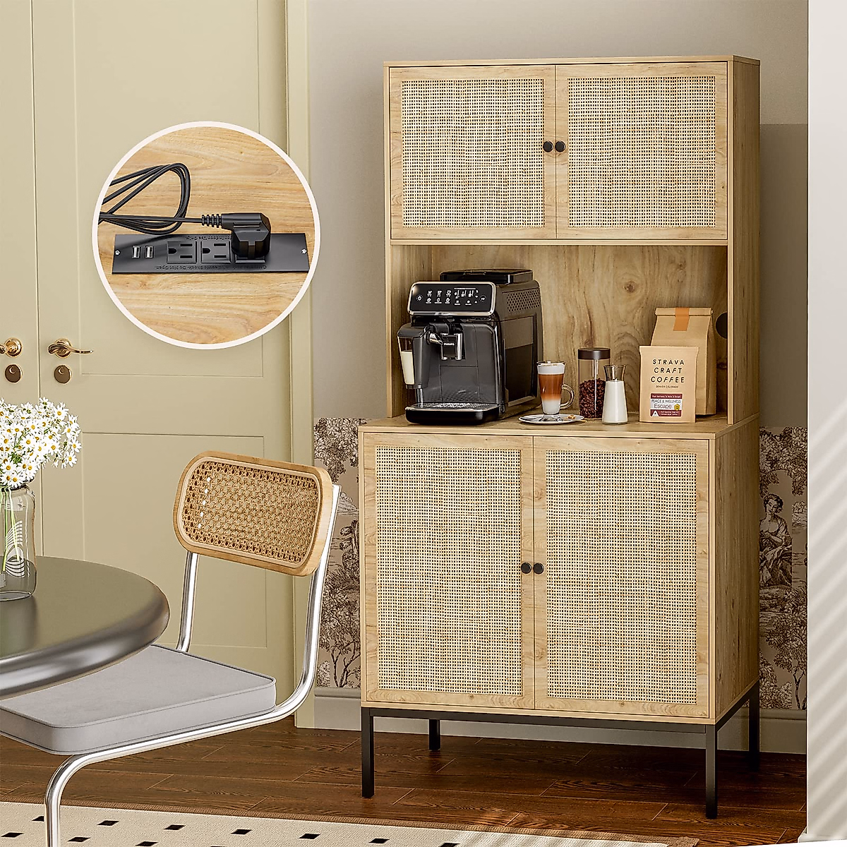 IKIFLY Kitchen Pantry Rattan Storage Cabinet with Outlet and USB Ports, Kitchen Sideboard Buffet Cabinet with Handmade Rattan Doors & Large Countertop, Freestanding Tall Cupboard for Home - Natural